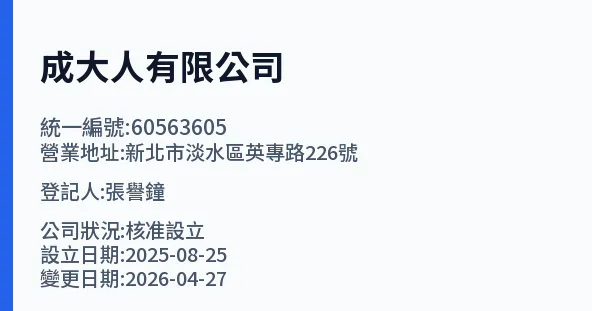 成大人有限公司的照片-統編 60563605(新北市) 公司登記資料與營業項目詳細圖表