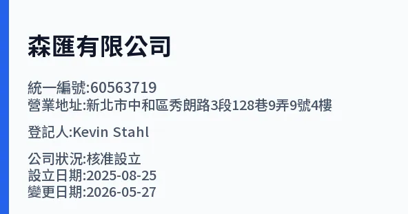森匯有限公司的照片-統編 60563719(新北市) 公司登記資料與營業項目詳細圖表