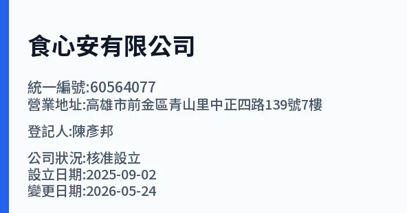 食心安有限公司的照片-統編 60564077(高雄市) 公司登記資料與營業項目詳細圖表