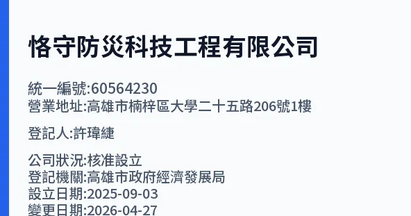 恪守防災科技工程有限公司的照片-統編 60564230(高雄市) 公司登記資料與營業項目詳細圖表