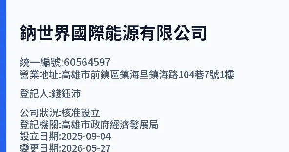 鈉世界國際能源有限公司的照片-統編 60564597(高雄市) 公司登記資料與營業項目詳細圖表
