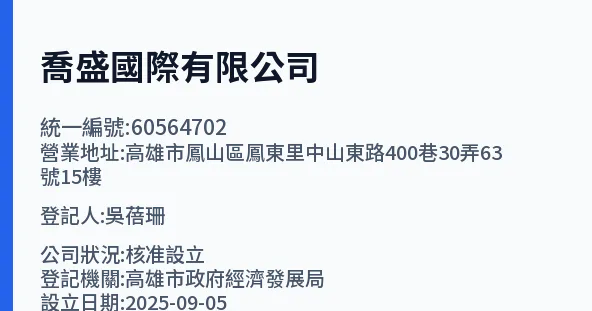 喬盛國際有限公司的照片-統編 60564702(高雄市) 公司登記資料與營業項目詳細圖表