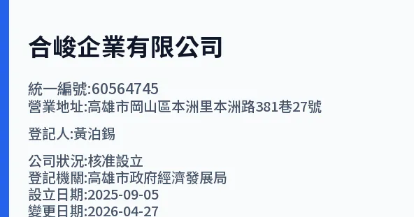 合峻企業有限公司的照片-統編 60564745(高雄市) 公司登記資料與營業項目詳細圖表