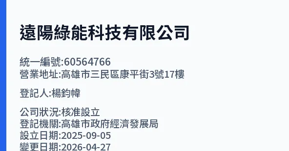 遠陽綠能科技有限公司的照片-統編 60564766(高雄市) 公司登記資料與營業項目詳細圖表