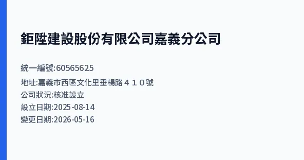 鉅陞建設股份有限公司嘉義分公司的照片-統編 60565625(嘉義市) 公司登記資料與營業項目詳細圖表