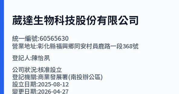 葳達生物科技股份有限公司的照片-統編 60565630(彰化縣) 公司登記資料與營業項目詳細圖表