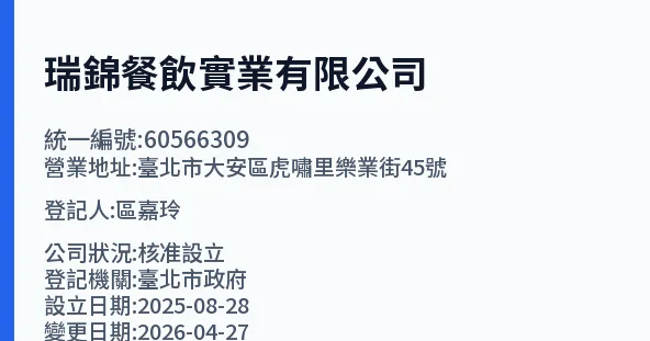 瑞錦餐飲實業有限公司的照片-統編 60566309(臺北市) 公司登記資料與營業項目詳細圖表