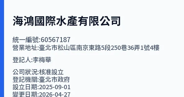 海鴻國際水產有限公司的照片-統編 60567187(臺北市) 公司登記資料與營業項目詳細圖表