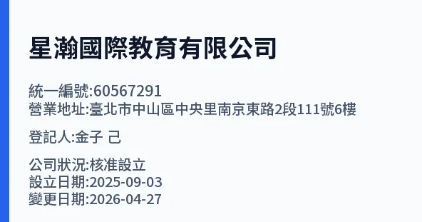 星瀚國際教育有限公司的照片-統編 60567291(臺北市) 公司登記資料與營業項目詳細圖表
