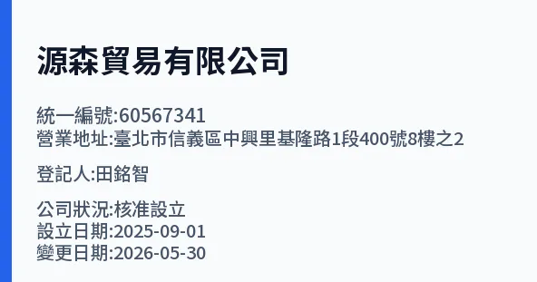 源森貿易有限公司的照片-統編 60567341(臺北市) 公司登記資料與營業項目詳細圖表