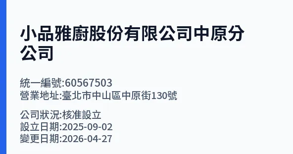 小品雅廚股份有限公司中原分公司的照片-統編 60567503(臺北市) 公司登記資料與營業項目詳細圖表