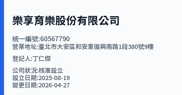 樂享育樂股份有限公司的照片-統編 60567790(臺北市) 公司登記資料與營業項目詳細圖表
