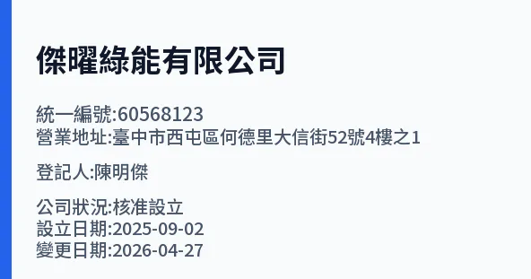 傑曜綠能有限公司的照片-統編 60568123(臺中市) 公司登記資料與營業項目詳細圖表