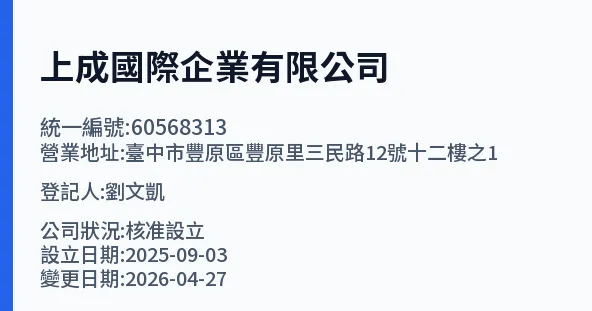 上成國際企業有限公司的照片-統編 60568313(臺中市) 公司登記資料與營業項目詳細圖表