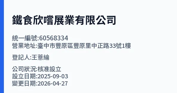 鐵食欣嚐展業有限公司的照片-統編 60568334(臺中市) 公司登記資料與營業項目詳細圖表