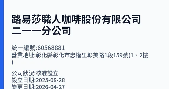 路易莎職人咖啡股份有限公司二一一分公司的照片-統編 60568881(彰化縣) 公司登記資料與營業項目詳細圖表
