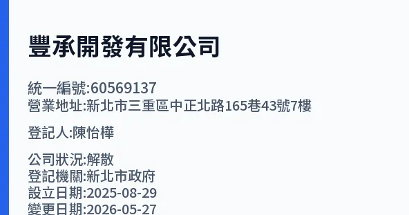 豐承開發有限公司的照片-統編 60569137(新北市) 公司登記資料與營業項目詳細圖表