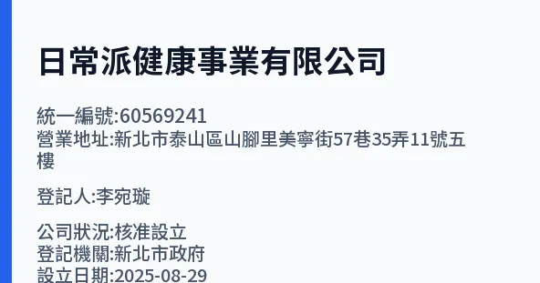 日常派健康事業有限公司的照片-統編 60569241(新北市) 公司登記資料與營業項目詳細圖表