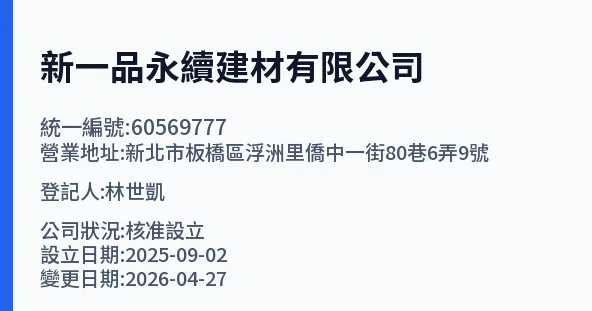 新一品永續建材有限公司的照片-統編 60569777(新北市) 公司登記資料與營業項目詳細圖表