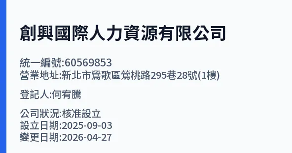 創興國際人力資源有限公司的照片-統編 60569853(新北市) 公司登記資料與營業項目詳細圖表
