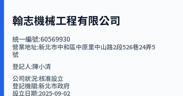 翰志機械工程有限公司的照片-統編 60569930(新北市) 公司登記資料與營業項目詳細圖表
