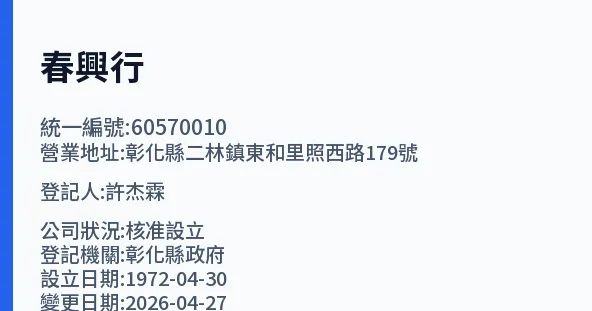 春興行的照片-統編 60570010(彰化縣) 公司登記資料與營業項目詳細圖表
