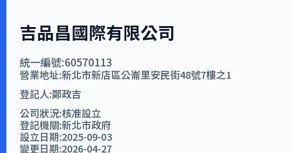 吉品昌國際有限公司的照片-統編 60570113(新北市) 公司登記資料與營業項目詳細圖表