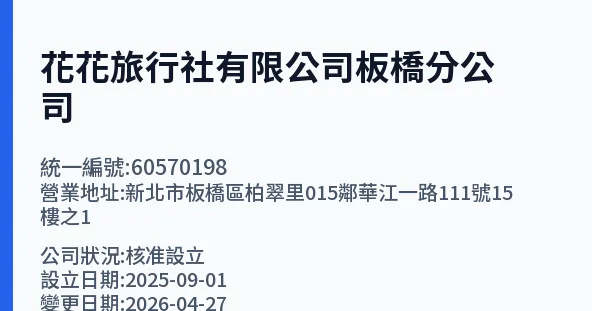 花花旅行社有限公司板橋分公司的照片-統編 60570198(新北市) 公司登記資料與營業項目詳細圖表