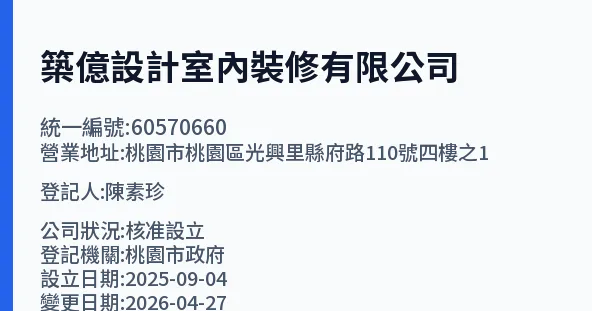 築億設計室內裝修有限公司的照片-統編 60570660(桃園市) 公司登記資料與營業項目詳細圖表
