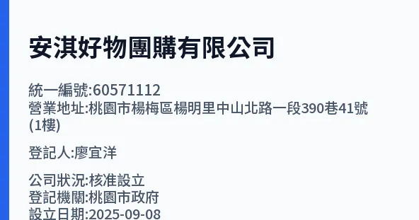 安淇好物團購有限公司的照片-統編 60571112(桃園市) 公司登記資料與營業項目詳細圖表