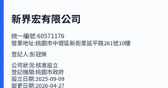 新界宏有限公司的照片-統編 60571176(桃園市) 公司登記資料與營業項目詳細圖表