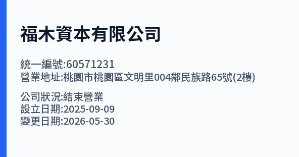 福木資本有限公司的照片-統編 60571231 公司登記資料與營業項目詳細圖表