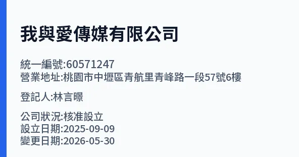 我與愛傳媒有限公司的照片-統編 60571247(桃園市) 公司登記資料與營業項目詳細圖表