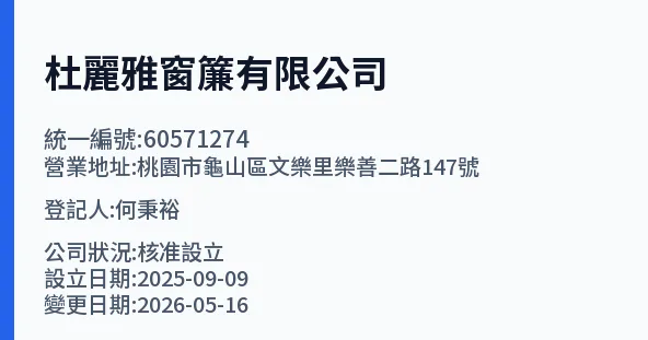 杜麗雅窗簾有限公司的照片-統編 60571274(桃園市) 公司登記資料與營業項目詳細圖表