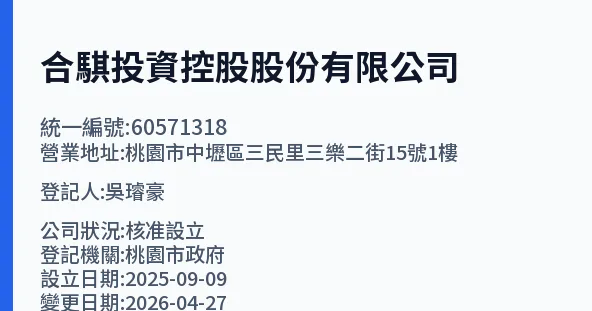 合騏投資控股股份有限公司的照片-統編 60571318(桃園市) 公司登記資料與營業項目詳細圖表