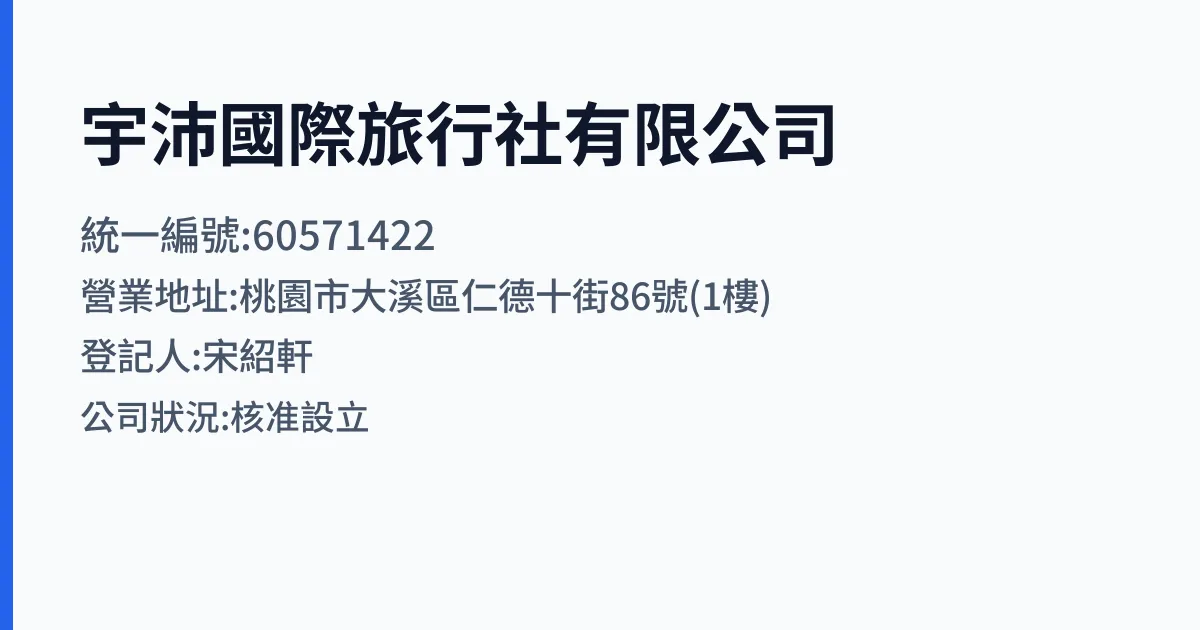 宇沛國際旅行社有限公司 - 統編 60571422(桃園市) 公司登記資料與營業項目詳細圖表