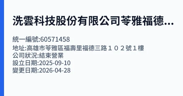 洗雲科技股份有限公司苓雅福德分公司的照片-統編 60571458(高雄市) 公司登記資料與營業項目詳細圖表