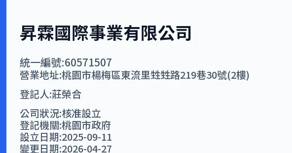 昇霖國際事業有限公司的照片-統編 60571507(桃園市) 公司登記資料與營業項目詳細圖表