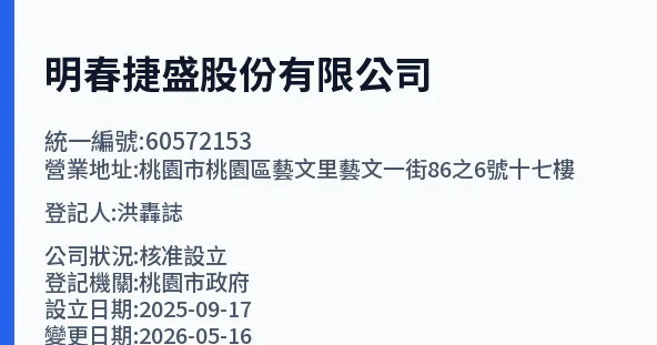 明春捷盛股份有限公司的照片-統編 60572153(桃園市) 公司登記資料與營業項目詳細圖表