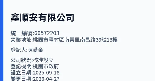 鑫順安有限公司的照片-統編 60572203(桃園市) 公司登記資料與營業項目詳細圖表