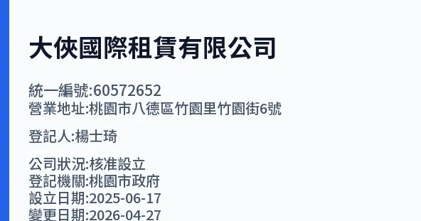 大俠國際租賃有限公司的照片-統編 60572652(桃園市) 公司登記資料與營業項目詳細圖表