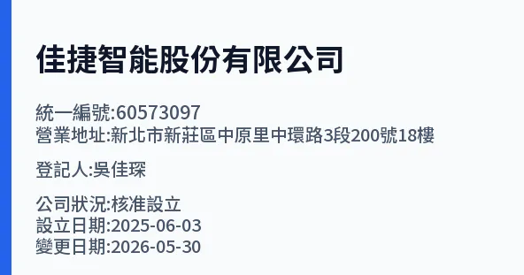 佳捷智能股份有限公司的照片-統編 60573097(新北市) 公司登記資料與營業項目詳細圖表