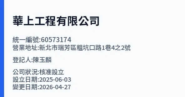 華上工程有限公司的照片-統編 60573174(新北市) 公司登記資料與營業項目詳細圖表