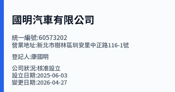 國明汽車有限公司的照片-統編 60573202(新北市) 公司登記資料與營業項目詳細圖表