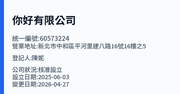 你好有限公司的照片-統編 60573224(新北市) 公司登記資料與營業項目詳細圖表