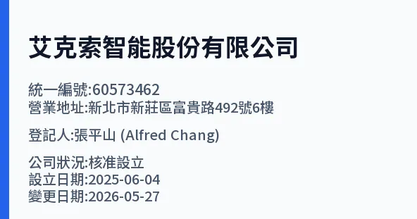 艾克索智能股份有限公司的照片-統編 60573462(新北市) 公司登記資料與營業項目詳細圖表