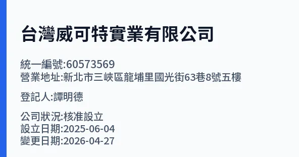 台灣威可特實業有限公司的照片-統編 60573569(新北市) 公司登記資料與營業項目詳細圖表