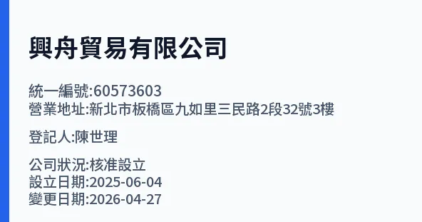 興舟貿易有限公司的照片-統編 60573603(新北市) 公司登記資料與營業項目詳細圖表