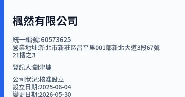 楓然有限公司的照片-統編 60573625(新北市) 公司登記資料與營業項目詳細圖表