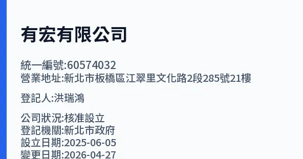 有宏有限公司的照片-統編 60574032(新北市) 公司登記資料與營業項目詳細圖表